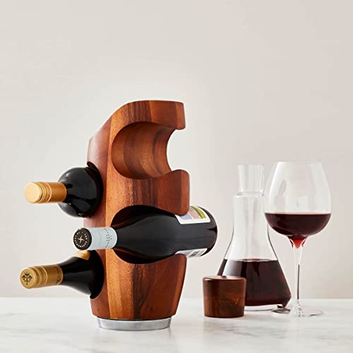 nambe Vie Wine Rack | Countertop Wine Rack 4 Bottle | Wine Bottle Holder for Bar Table and Wine Cabinet | Freestanding Wine Holder | Made of Nambé Alloy and Acacia Wood | 6” D x 13” H