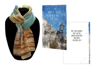 smiling wisdom - retirement journey goodbye greeting card - wherever you go, go with all your heart gift set - chiffon viscose scarf - woman coworker grad - tan blue multi-colored (city)