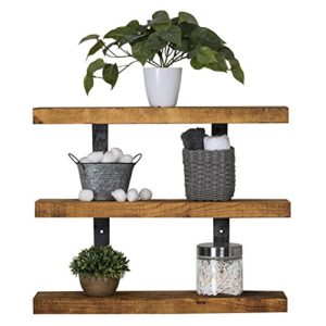 industrial metal bracket three-tier natural wood floating shelf set rustic farmhouse kitchen, bath, laundry, dorm (24 inch, walnut)