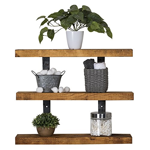 Industrial Metal Bracket Three-Tier Natural Wood Floating Shelf Set Rustic Farmhouse Kitchen, Bath, Laundry, Dorm (24 Inch, Walnut)