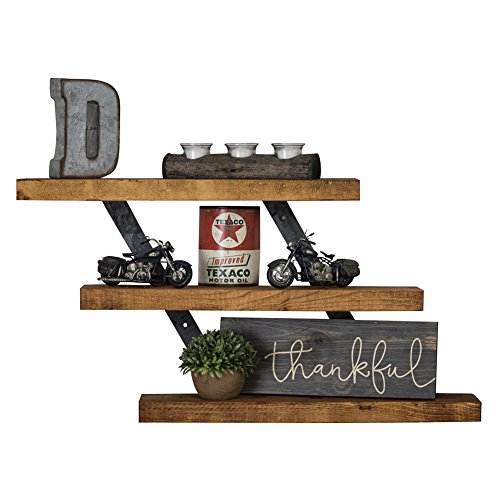 Industrial Metal Bracket Three-Tier Natural Wood Floating Shelf Set Rustic Farmhouse Kitchen, Bath, Laundry, Dorm (24 Inch, Walnut)