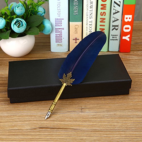 Feather Quill Pen Vintage Feather Dip Ink Pen Set Copper Pen Stem Writing Quill Pen Calligraphy Pen As Christmas Birthday Gift Set (Navy Blue)