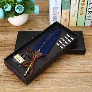 Feather Quill Pen Vintage Feather Dip Ink Pen Set Copper Pen Stem Writing Quill Pen Calligraphy Pen As Christmas Birthday Gift Set (Navy Blue)