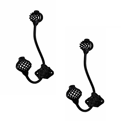 Renovators Supply Manufacturing Black Wrought Iron Wall Double Hooks Decorative Birdcage Style 8" Rust Resistant Wall Mount Dual Hooks for Coat, Robe or Hat Holder Hanger with Hardware Pack of 2