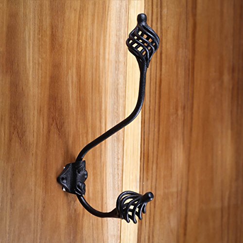 Renovators Supply Manufacturing Black Wrought Iron Wall Double Hooks Decorative Birdcage Style 8" Rust Resistant Wall Mount Dual Hooks for Coat, Robe or Hat Holder Hanger with Hardware Pack of 2