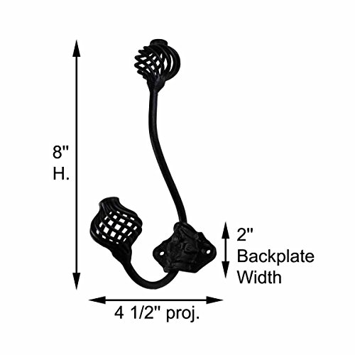 Renovators Supply Manufacturing Black Wrought Iron Wall Double Hooks Decorative Birdcage Style 8" Rust Resistant Wall Mount Dual Hooks for Coat, Robe or Hat Holder Hanger with Hardware Pack of 2