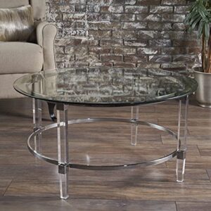 Christopher Knight Home Elowen Modern Round Tempered Glass Coffee Table with Acrylic and Iron Accents, Clear 35.5 in x 35.5 in x 18 in (W x L x H)