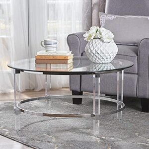 Christopher Knight Home Elowen Modern Round Tempered Glass Coffee Table with Acrylic and Iron Accents, Clear 35.5 in x 35.5 in x 18 in (W x L x H)