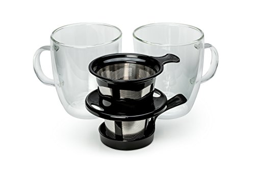 Java Concepts Pour Over Filter and 2 Double-Wall Glass, Black with 2 Mugs