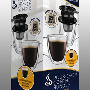 Java Concepts Pour Over Filter and 2 Double-Wall Glass, Black with 2 Mugs