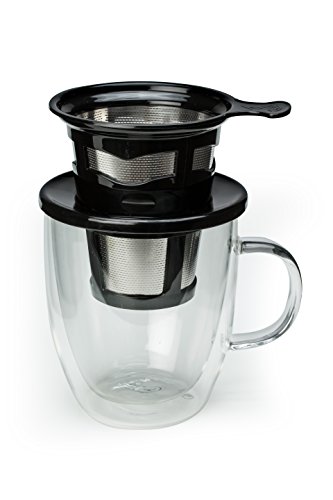 Java Concepts Pour Over Filter and 2 Double-Wall Glass, Black with 2 Mugs