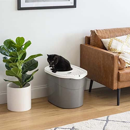 IRIS USA Oval Top Entry Cat Litter Box with Scoop, Kitty Litter Tray with Litter Catching Lid Less Tracking Dog Proof and Privacy Large, Gray/White