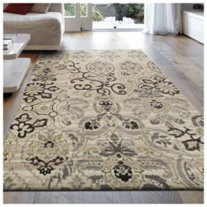 Superior 8mm Pile Height with Jute Backing, Gorgeous Patchworked Damask Design, Fashionable and Affordable Woven Rugs, 8' x 10' Rug, Beige