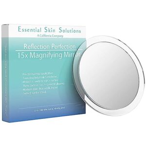 essential skin solutions 15x magnifying mirror – use for makeup application - tweezing – and blackhead/blemish removal – 6 inch round mirror with three suction cups for easy mounting