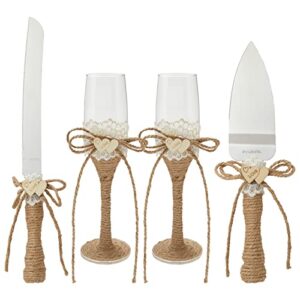 4 piece rustic-style wedding cake knife and server set with champagne glasses for bride and groom, farmhouse theme reception, country decorations