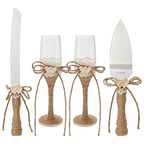 4 Piece Rustic-Style Wedding Cake Knife and Server Set with Champagne Glasses for Bride and Groom, Farmhouse Theme Reception, Country Decorations