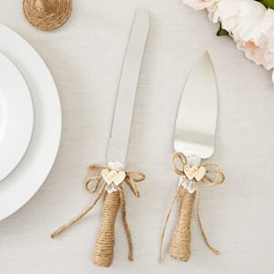 4 Piece Rustic-Style Wedding Cake Knife and Server Set with Champagne Glasses for Bride and Groom, Farmhouse Theme Reception, Country Decorations