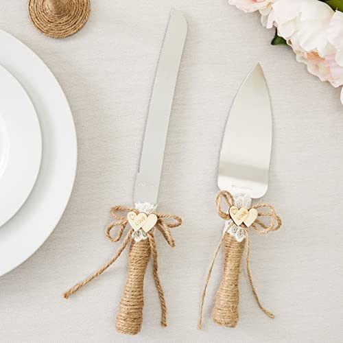 4 Piece Rustic-Style Wedding Cake Knife and Server Set with Champagne Glasses for Bride and Groom, Farmhouse Theme Reception, Country Decorations