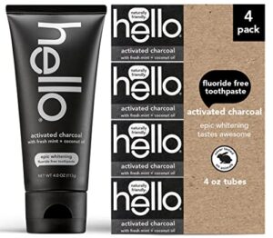 hello activated charcoal epic teeth whitening fluoride free toothpaste, fresh mint and coconut oil, vegan, sls free, gluten free and peroxide free, 4 ounce (pack of 4)