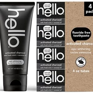 hello Activated Charcoal Epic Teeth Whitening Fluoride Free Toothpaste, Fresh Mint and Coconut Oil, Vegan, SLS Free, Gluten Free and Peroxide Free, 4 Ounce (Pack of 4)