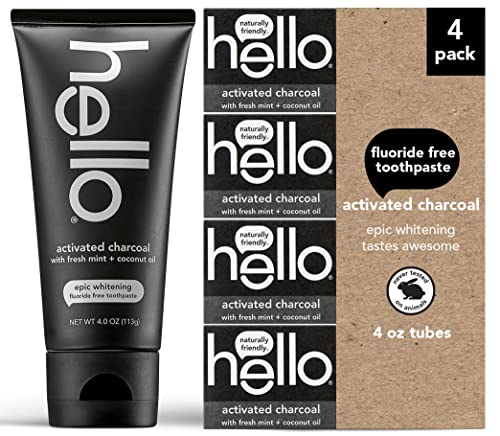 hello Activated Charcoal Epic Teeth Whitening Fluoride Free Toothpaste, Fresh Mint and Coconut Oil, Vegan, SLS Free, Gluten Free and Peroxide Free, 4 Ounce (Pack of 4)