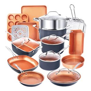 gotham steel pots and pans set, 20 pc non stick cookware set, long lasting nonstick kitchen set with pan set, pot set, baking set, stay cool handles, dishwasher safe, 100% toxin free-copper, graphite