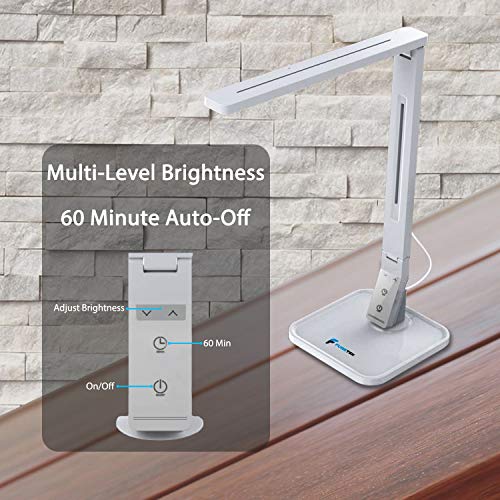 Fugetek LED Desk Office Lamp, Stylish, 5-Level Brightness, 530 Lumen, 7W, Dimmable, Touch Control Panel, 1-Hour Auto Timer, Official Philips Enabled Licensing Program Member, (White)