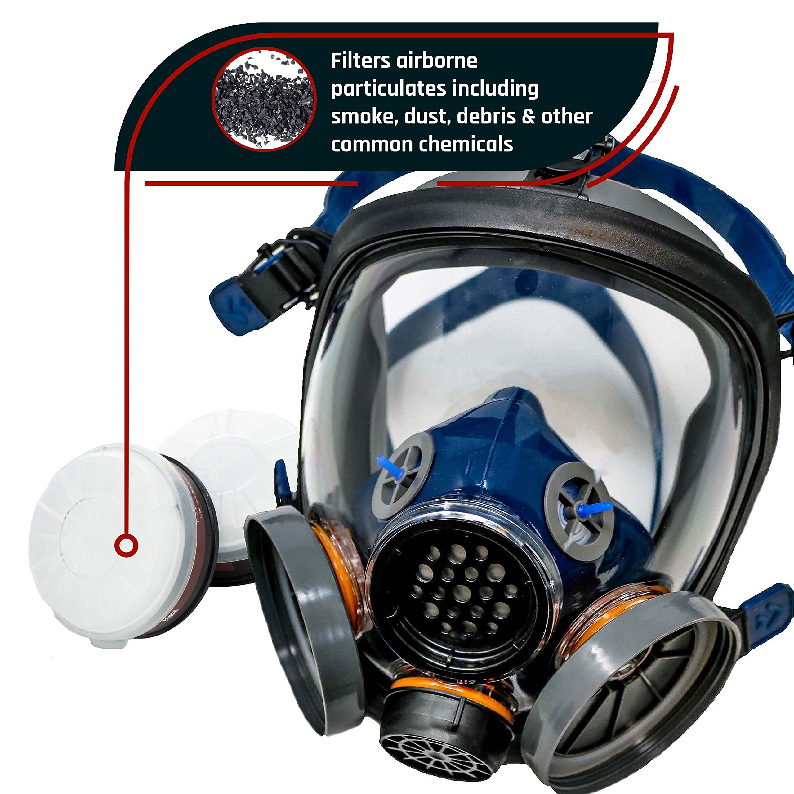 PD-100 Full Face Organic Vapor & Particulate Respirator - Dual Activated Charcoal Filtration - Full Face Eye Protection Mask