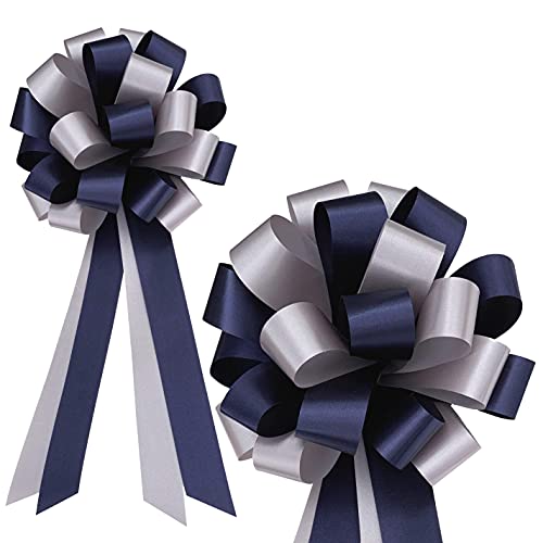 Navy Blue and Silver Decorative Pull Bows - 8" Wide, Set of 6, Christmas, Hanukkah, Wedding Ribbons, Father's Day, School Dance, Boxing Day