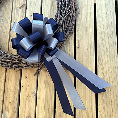 Navy Blue and Silver Decorative Pull Bows - 8" Wide, Set of 6, Christmas, Hanukkah, Wedding Ribbons, Father's Day, School Dance, Boxing Day