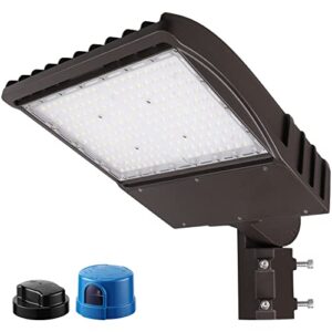 leonlite 150w led parking lot light with adjustable slip fitter, 20250lm 100-277v commercial shoebox lights, dimmable dusk to dawn photocell area lighting, ip65 street pole light, 5000k, ul listed