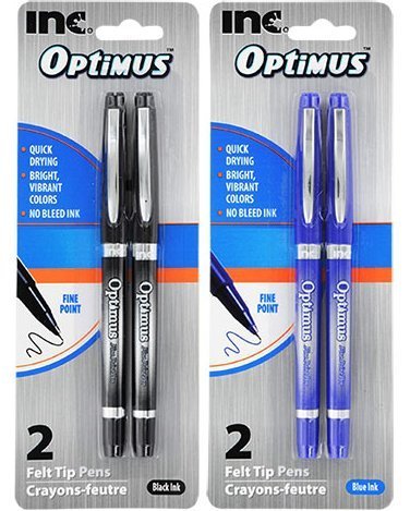 I-N-C Optimus 4 Felt Tip Fine Point Pens 3 Black/3 Blue - No Bleed Ink