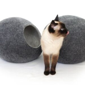 Kivikis Cat Bed, House, Cave, Nap Cocoon, Igloo, 100% Handmade from Sheep Wool (XL 17-26 pounds cat, Dark Gray)