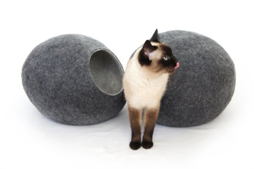 Kivikis Cat Bed, House, Cave, Nap Cocoon, Igloo, 100% Handmade from Sheep Wool (XL 17-26 pounds cat, Dark Gray)