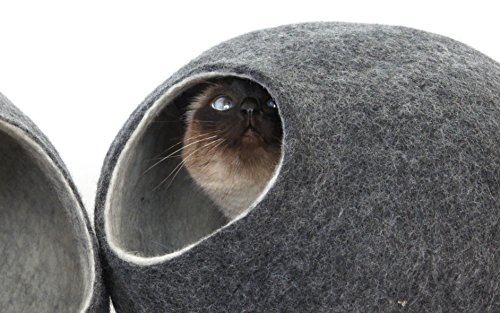 Kivikis Cat Bed, House, Cave, Nap Cocoon, Igloo, 100% Handmade from Sheep Wool (XL 17-26 pounds cat, Dark Gray)