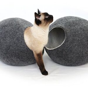 Kivikis Cat Bed, House, Cave, Nap Cocoon, Igloo, 100% Handmade from Sheep Wool (XL 17-26 pounds cat, Dark Gray)