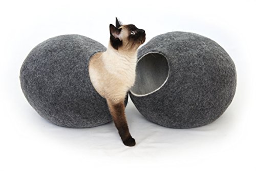 Kivikis Cat Bed, House, Cave, Nap Cocoon, Igloo, 100% Handmade from Sheep Wool (XL 17-26 pounds cat, Dark Gray)