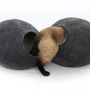 Kivikis Cat Bed, House, Cave, Nap Cocoon, Igloo, 100% Handmade from Sheep Wool (XL 17-26 pounds cat, Dark Gray)