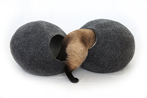 Kivikis Cat Bed, House, Cave, Nap Cocoon, Igloo, 100% Handmade from Sheep Wool (XL 17-26 pounds cat, Dark Gray)