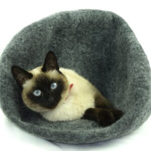 Kivikis Cat Bed, House, Cave, Nap Cocoon, Igloo, 100% Handmade from Sheep Wool (XL 17-26 pounds cat, Dark Gray)