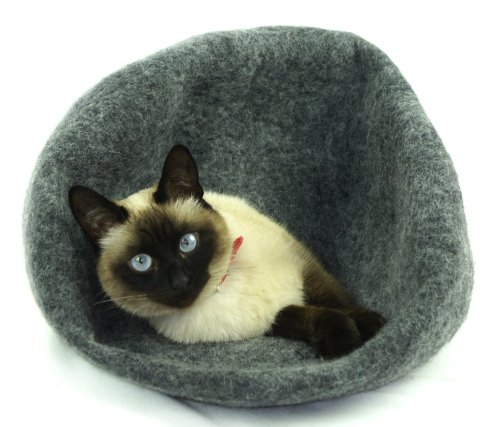 Kivikis Cat Bed, House, Cave, Nap Cocoon, Igloo, 100% Handmade from Sheep Wool (XL 17-26 pounds cat, Dark Gray)