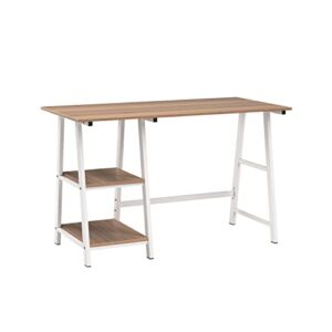 trestle desk with 2 shelves, soges 47 inches reversible storage desk, home office computer desk workstation, wooden school desks for teachers students, middle shelf removable for cpu storage