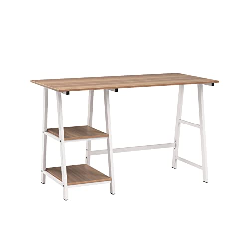 Trestle Desk with 2 Shelves, Soges 47 inches Reversible Storage Desk, Home Office Computer Desk Workstation, Wooden School Desks for Teachers Students, Middle Shelf Removable for CPU Storage