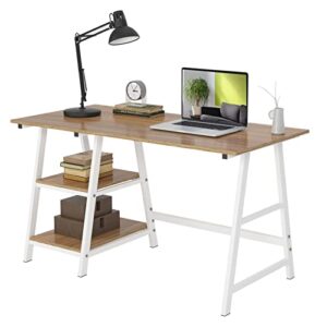 Trestle Desk with 2 Shelves, Soges 47 inches Reversible Storage Desk, Home Office Computer Desk Workstation, Wooden School Desks for Teachers Students, Middle Shelf Removable for CPU Storage