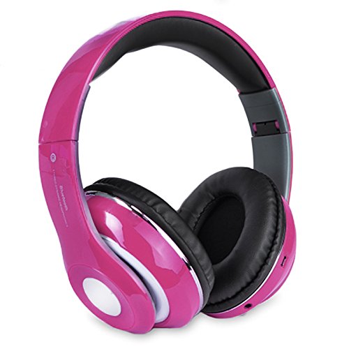 Altatac Bluetooth Rechargeable Over Ear Headset Foldable Wireless Wired Headphones with Memory Card Slot Built-in FM Tuner Microphone Audio Cable for Phone TV Computer MP3 Player - Pink