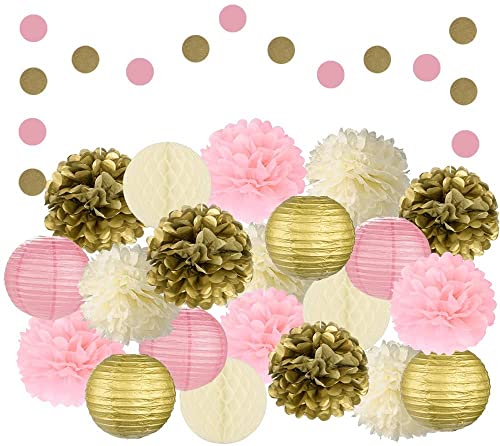 EpiqueOne 22-Piece Tissue Paper Pom Poms and Paper Lantern Party Kit - Add a Splash of Pink, Gold, & Ivory to Your Celebrations! Perfect for Birthdays, Bridal Showers, Baby Showers, Weddings & More