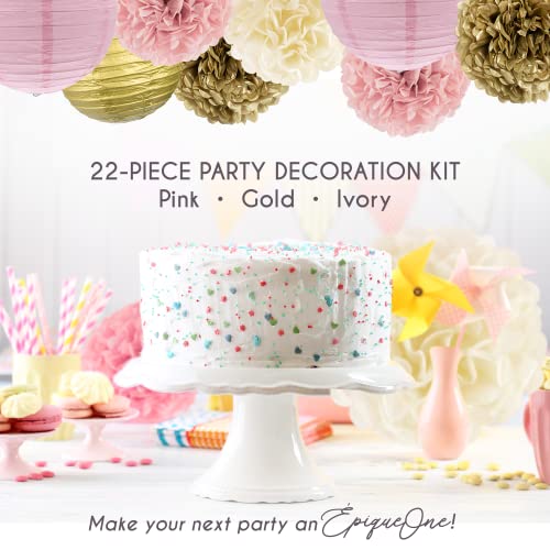 EpiqueOne 22-Piece Tissue Paper Pom Poms and Paper Lantern Party Kit - Add a Splash of Pink, Gold, & Ivory to Your Celebrations! Perfect for Birthdays, Bridal Showers, Baby Showers, Weddings & More