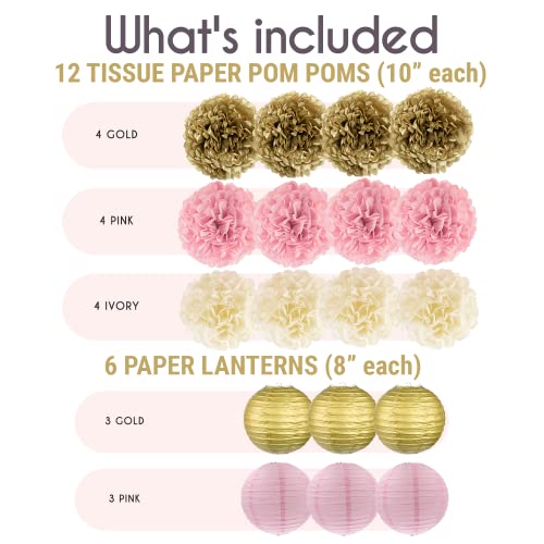 EpiqueOne 22-Piece Tissue Paper Pom Poms and Paper Lantern Party Kit - Add a Splash of Pink, Gold, & Ivory to Your Celebrations! Perfect for Birthdays, Bridal Showers, Baby Showers, Weddings & More