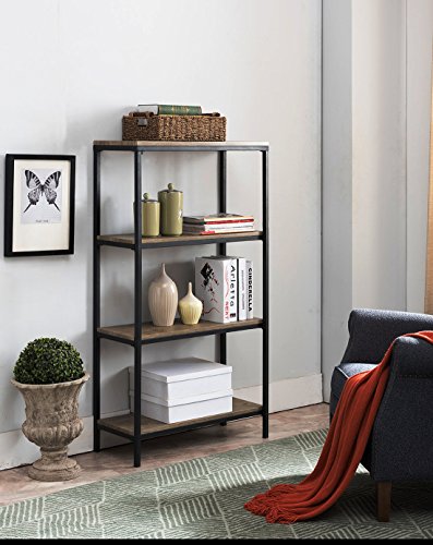 Kings Brand Furniture Grey Finish Wood & Black Metal 4 Tier Shelf Storage Bookcase