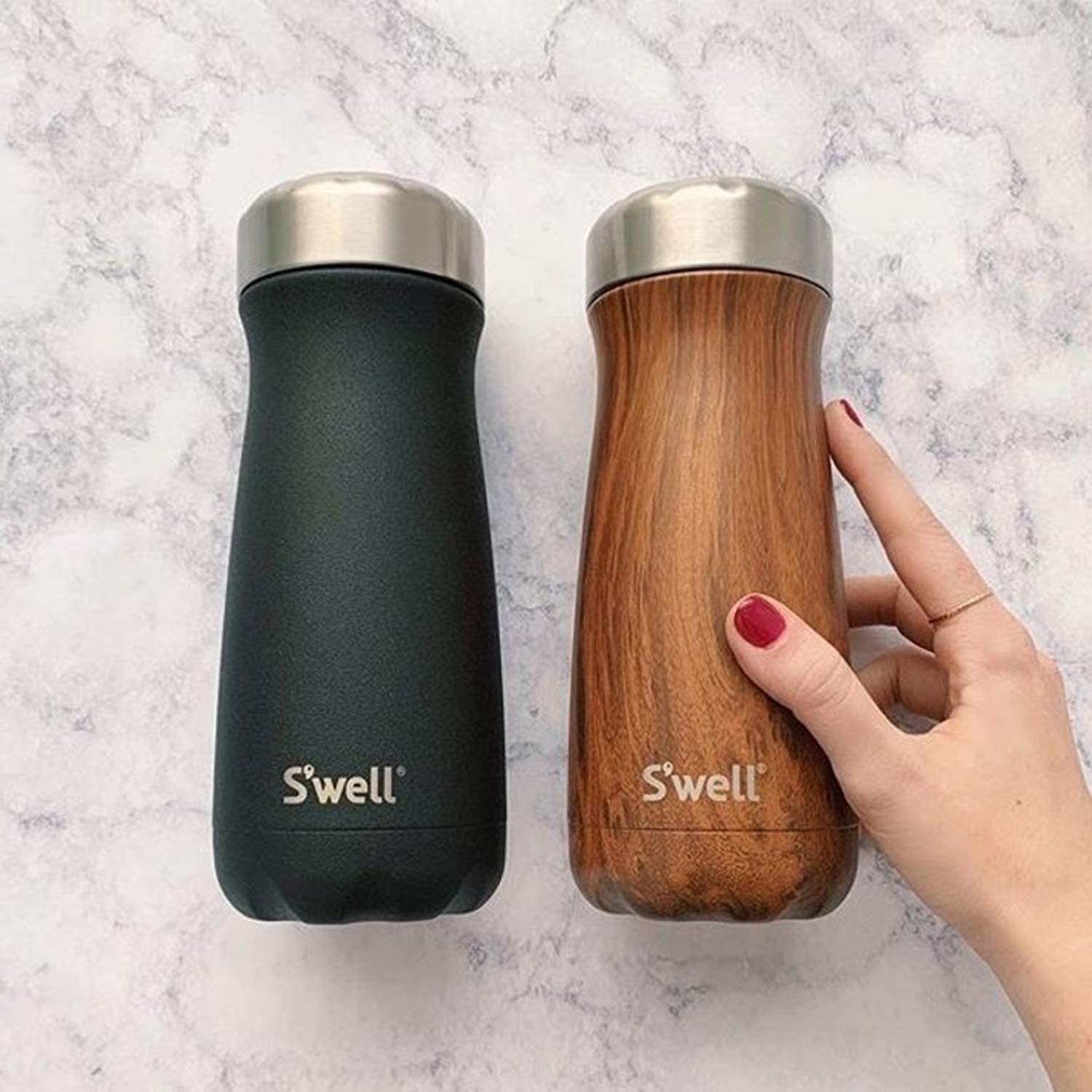 S'well Stainless Steel Traveler-16 Fl Oz Triple-Layered Vacuum-Insulated Travel Mug Keeps Coffee, Tea and Drinks Cold for 24 Hours and Hot for 12-BPA-Free Water Bottle, 1 Count (Pack of 1), Teakwood